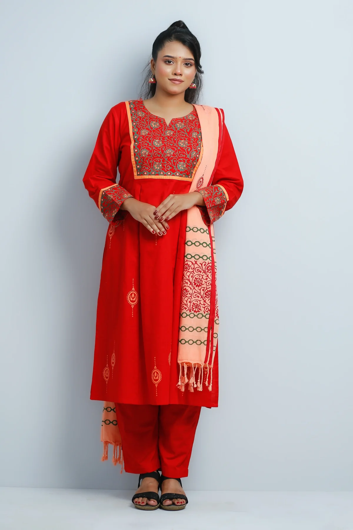 Red & Multi Color Khadi Cotton Embroidery Regular Fit Three Piece Set ...