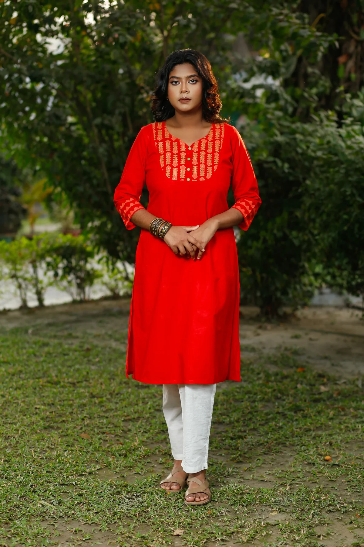 Red Khadi Cotton Embroidery Regular Fit Dress. – Kumudini Handicrafts